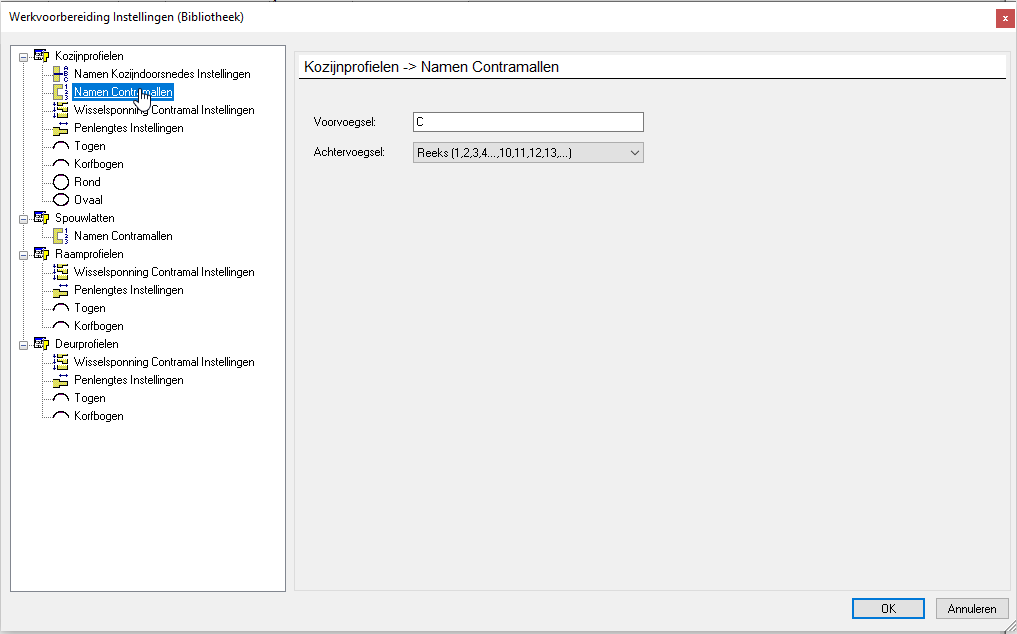 Werkvoorbereiding Instellingen - Namen Contramallen | Matrix Knowledge Base
